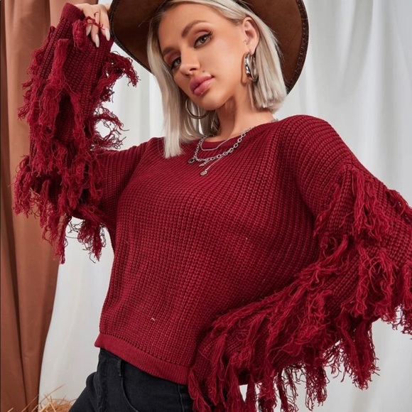 Sweaters | Red Fringe Knit Sweater | Poshmark